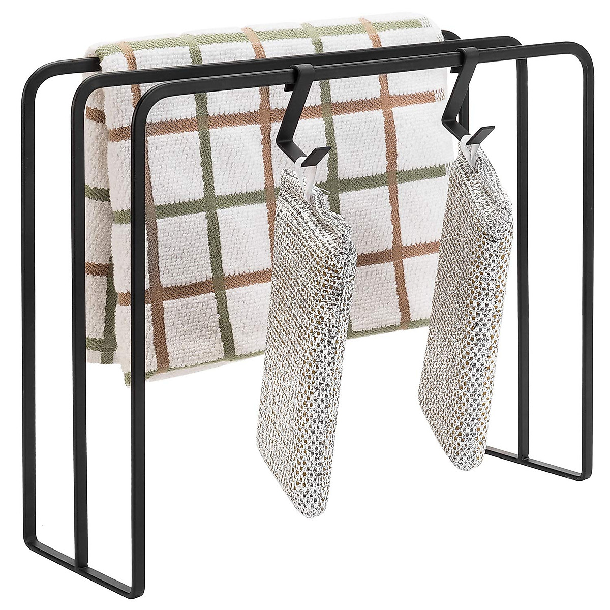 MyGift Black Metal Kitchen Countertop Dish Cloth Drying Rack, Dishcloth Holder with 2 Sponge Hooks