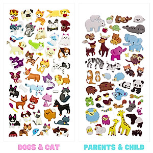 IMNEXT2U 3D Puffy Stickers for Kids Resuable Sticker for Toddler, Boys, Girls 4 Sheets - Mother Child Animals, Dogs, Cats, Elephant, Giraffe, Monkey, Sheep, Panda, Koala, Rabbit (Zoo)
