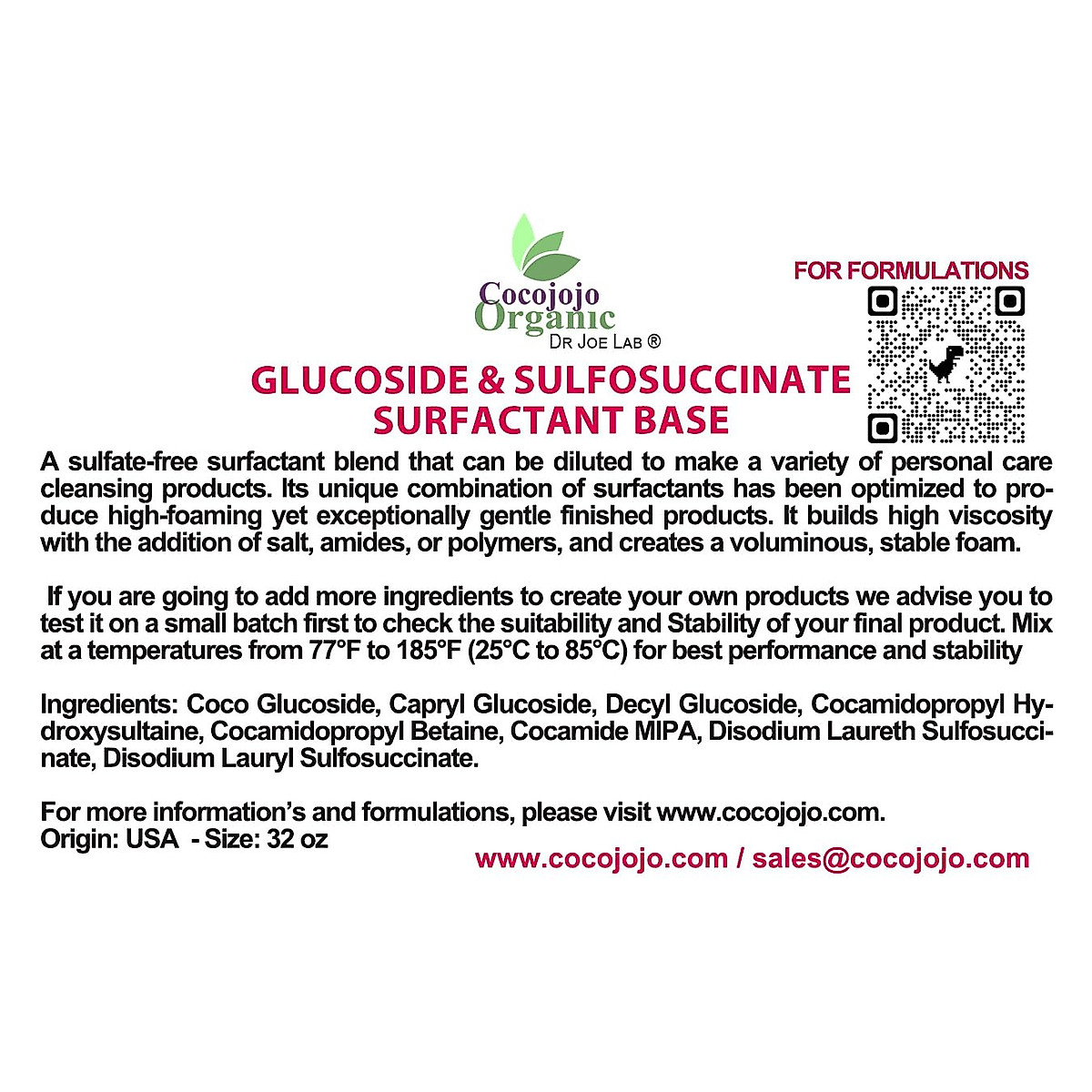 Dr Joe Lab Glucoside and Sulfosuccinate Surfactant Base - Plant Derived Sulfate Free Blend for High Foaming - Coco Decyl Cocamide Lauryl Capryl Caprylyl Liquid Soap Shampoo Cleanser (32 oz / 2 LB)