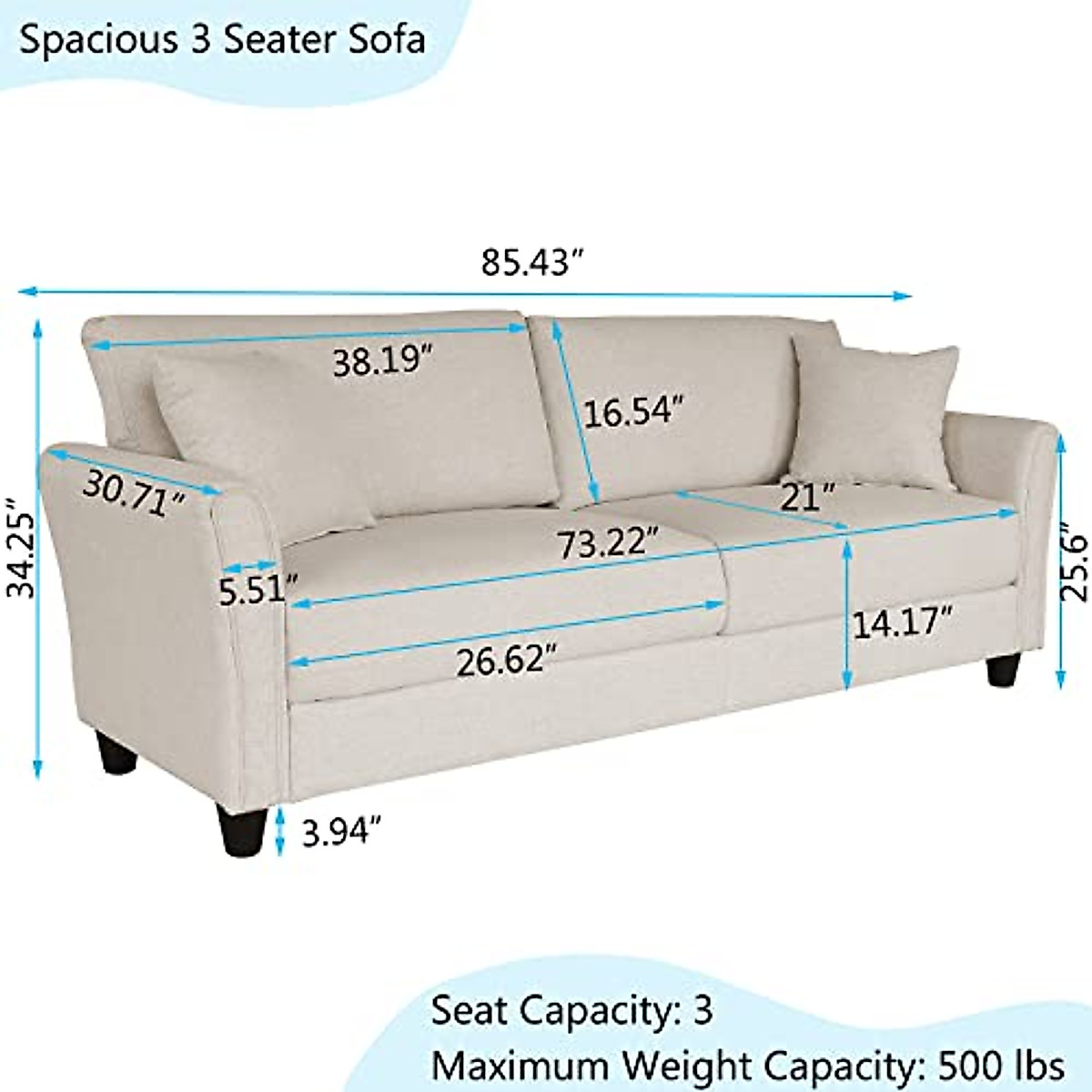 mikibama Linen Fabric Sofa 85 Inches Mid-Century Modern Couch 3 Seater Sofa with 2 Throw Pillows Upholstered Sofa with Rolled Armrest for Living Room, Apartment, Bedroom (Beige)