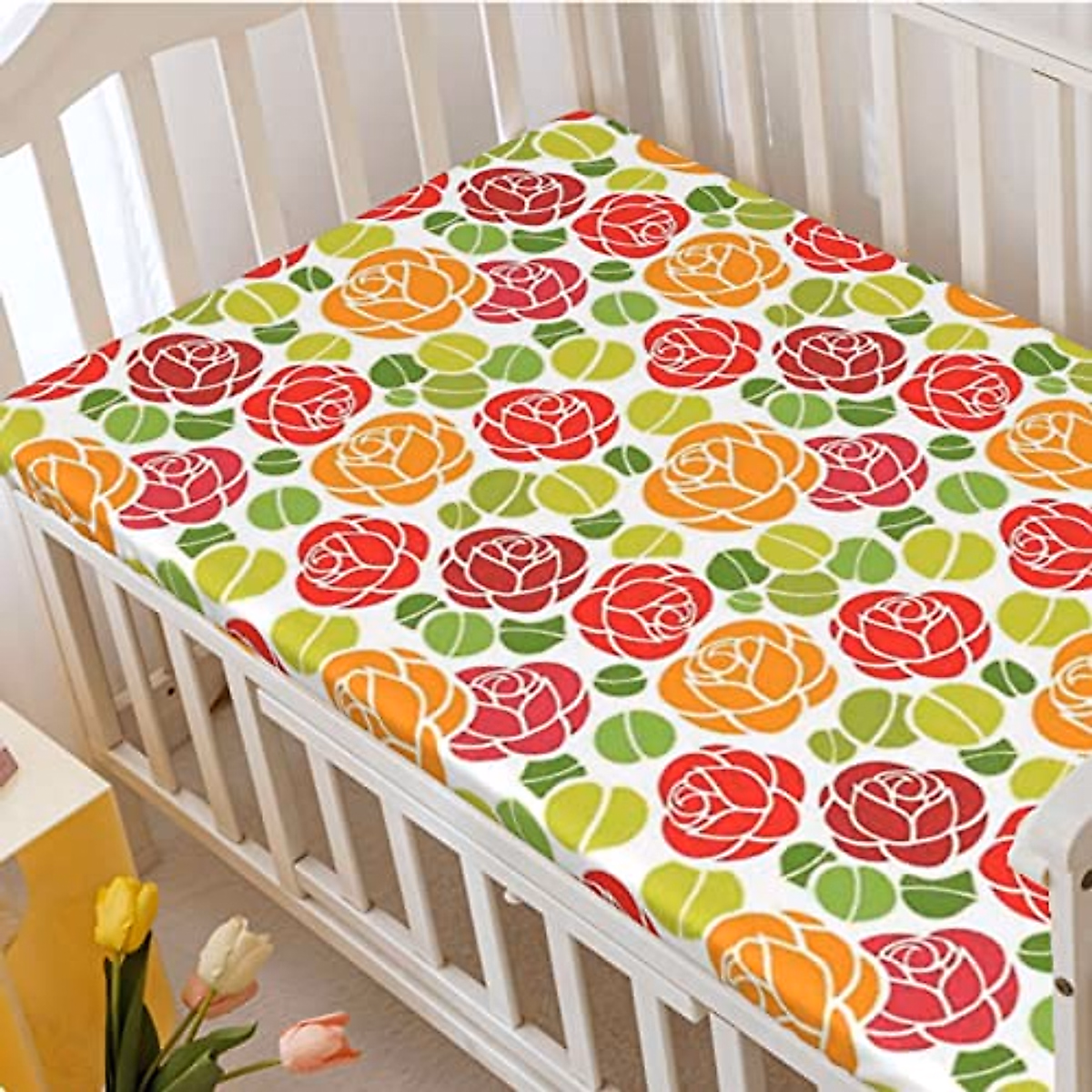 Rose Themed Fitted Mini Crib Sheets,Portable Mini Crib Sheets Ultra Soft Material-Baby Sheet for Boys Girls,24“ x38“,Multicolor