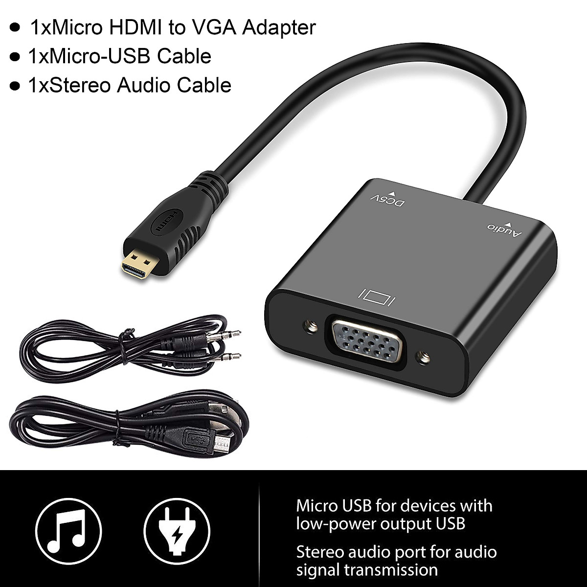 avedio Links Micro HDMI to VGA Adapter, Active Micro HDMI to VGA Video Converter with 3.5mm Stereo Audio, Micro HDMI to VGA Cable (Male to Female) Compatible with Laptop, Projector, HDTV