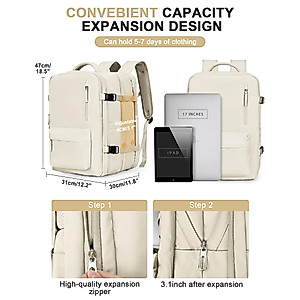 Large Travel Laptop Backpack, Expandable Flight Approved Backpack, Carry on Backpack for Women, Waterproof 17inch Laptop Hiking Backpack with Shoe Compartment, Beige