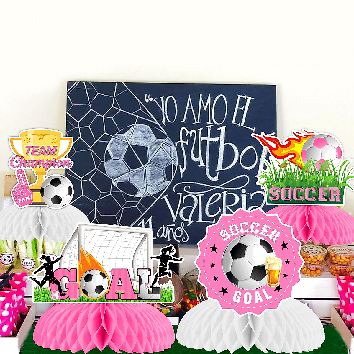 Soccer Birthday Party Decorations for Girls - 8pcs Soccer Honeycomb Centerpiece, Pink Soccer Birthday Party Table Decorations for Football Sports Themed Birthday Baby Shower Party Supplies