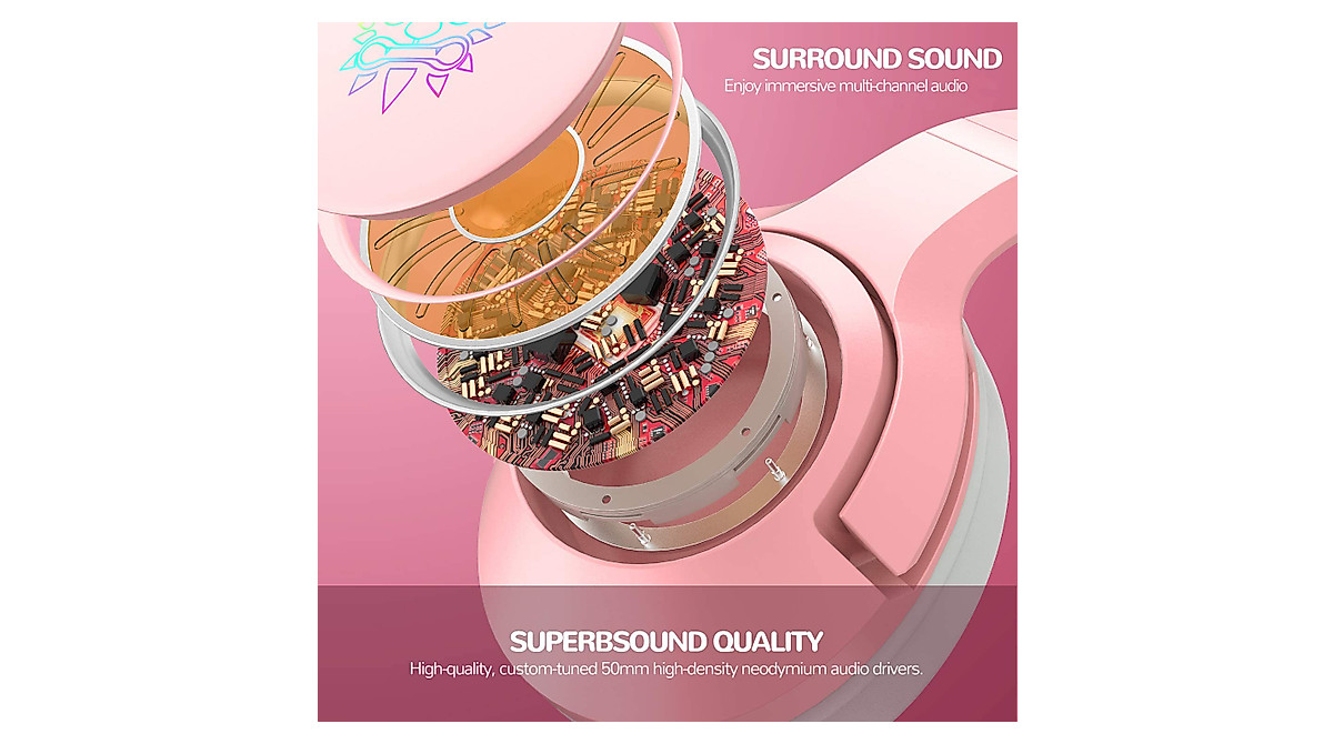 SIMGAL Pink Gaming Headset with Cat Ears - Surround Sound