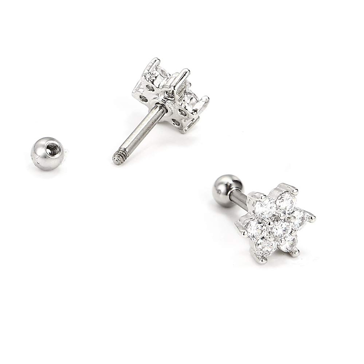 2PCS Stud Earrings 16G 316L Surgical Steel CZ Flower Cartilage Earrings Stud Piercing Helix Cartilage Conch Tragus Lobes Studs Hypoallergenic Earrings for Women (H:Silver CZ Flower)