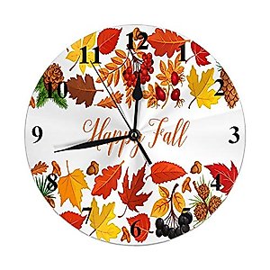 Moslion Wall Clock Happy Fall Autumn Leaf Berry Maple Pine Cone Acorn Gold Season Design Harvest Round Wall Clock Home Decor Wall Clock for Thanksgiving Day Halloween Xmas