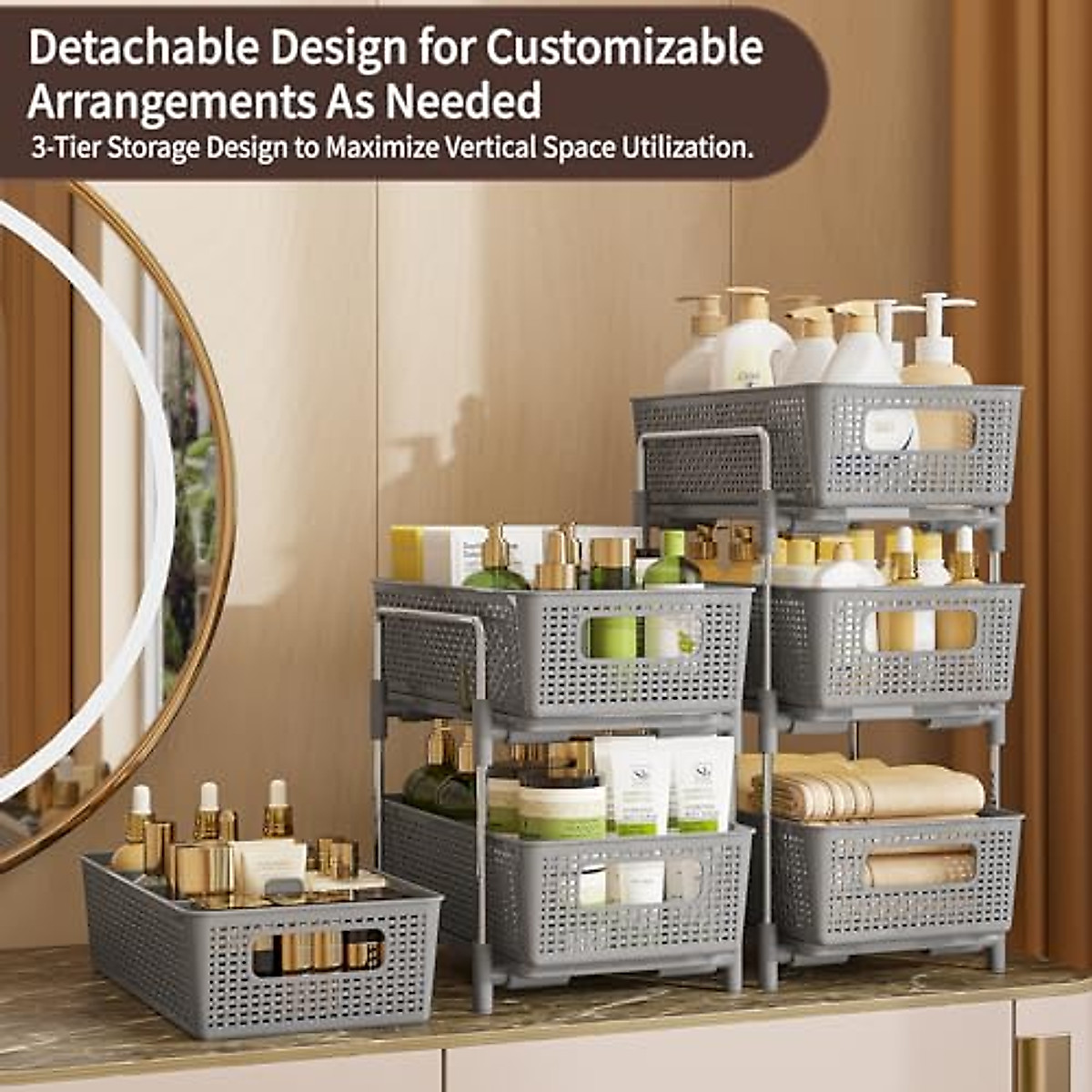 Bathroom Organizers and Storage, 2 Pcs 3 Tier Under Sink Organizer, Medicine Cabinet Organizers With Dividers, Pull Out Cabinet Organizer, Bathroom Cabinet Organizer and Storage, Kitchen Storage Grey