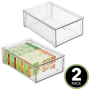 mDesign Plastic Stackable Kitchen Storage Organizer Bin Containers with Front Pull Drawer for Cabinet, Pantry, Fridge, Freezer, Shelf, Refrigerator Organization - Lumiere Collection - 2 Pack - Clear
