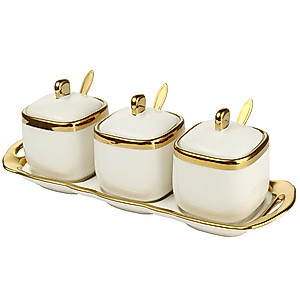 Spice Jars,Ceramic Spice Containers Kitchen Sugar Salt Condiment Jars Jars set with Lids and Spoons (White)