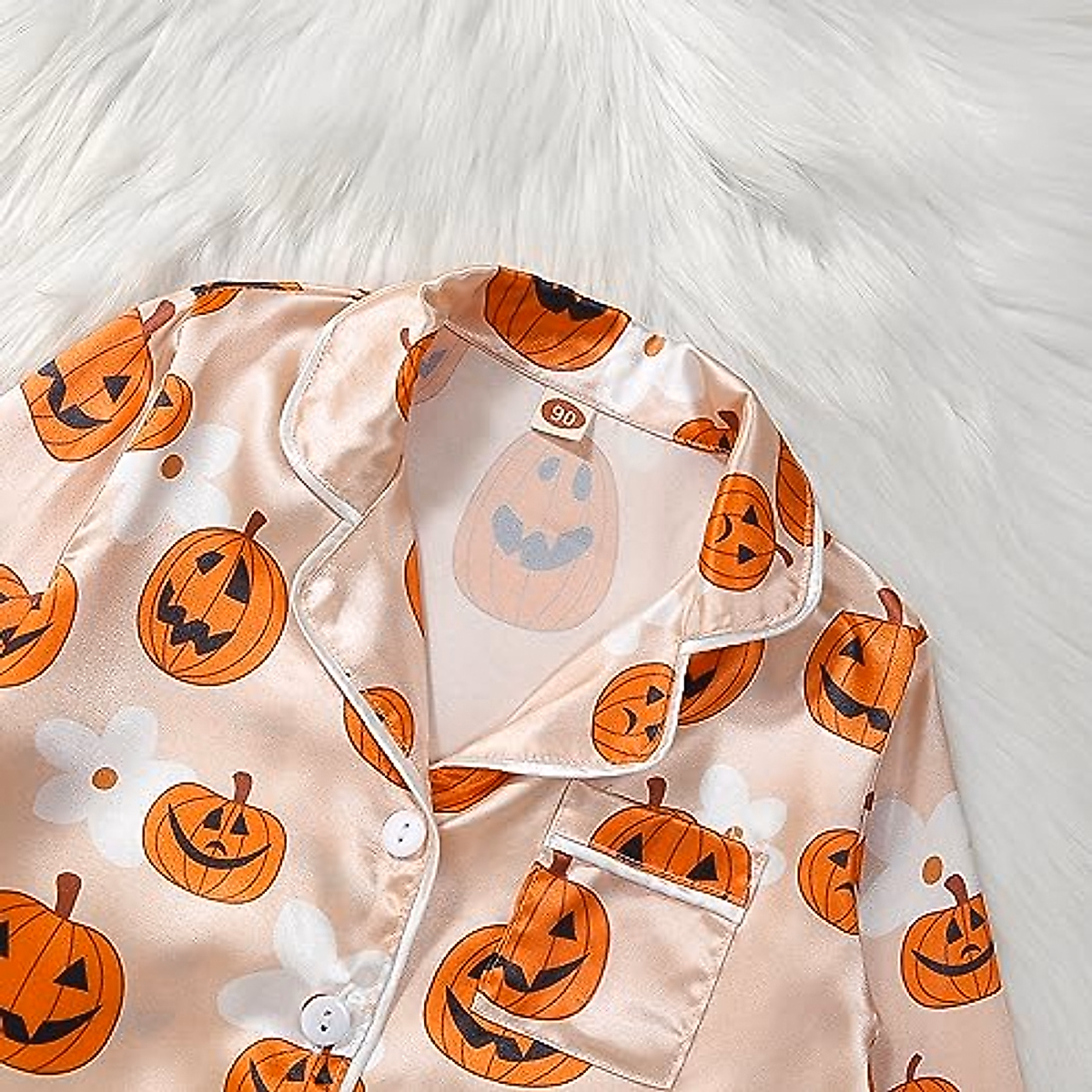 Halloween Pajamas for Toddler Girls Boys Pumpkin Silk Pajamas Long Sleeve Button-Down Tops Pants 2 Pieces Pjs Set (Pumpkin, 3-4T)