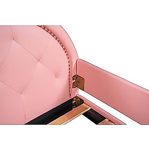 Twin Size Cute Upholstered Daybed PU Leather Sofa Bed with Carton Ears Shaped Headboard & Wooden Platform Bed Frame - with Low Profile Single Design - No Box Spring Needed (Color : Pink-a)