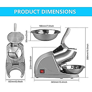 BI-DTOOL Electric Ice Crusher Triple Blades Ice Crusher Shaver 286lbs/hr Stainless Steel Shaved Ice Machine 380W Snow Cone Machine 1500 RPM Ice Shaving Machine Commercial And Domestic Silver