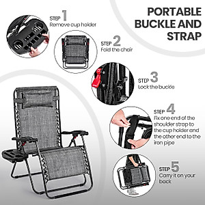 Yaheetech 29inch Zero Gravity Chairs w/Pillows & Cup Holder & Carry Strap Outdoor Patio Adjustable Foldable Reclining Lounge Recliners for Lawn Poolside Beach Gray/2