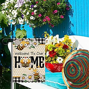 Furiaz Welcome to Our Home Bee Spring Summer Decorative Garden Flag, Daisy Yard Buffalo Plaid Check Home Outside Decorations, Flower Farmhouse Burlap Outdoor Small Decor Double Sided 12×18