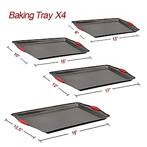 NBFTLTOP Baking Pan for Oven Non-Stick Baking Sheet Set of 4 w/Silicone Handles,Carbon Steel Baking Tray