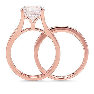 3.39 ct Round Cut Clear Simulated Diamond 14k Rose Gold Solitaire W/Accents Wedding Engagement Bridal Ring Band Set Sz 10.75