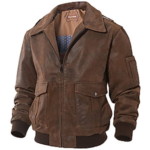FLAVOR Men's Leather Flight Bomber Jacket Air Force Aviator. (XX-Large, Brown)