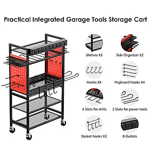 CCCEI Power Tool Organizer Cart with Charging Station, Garage Floor Rolling Storage Cart on Wheels for Mechanic, Mobile 6 Drill, Tool Box Utility Cart with Battery Charging Power Strip, Red.