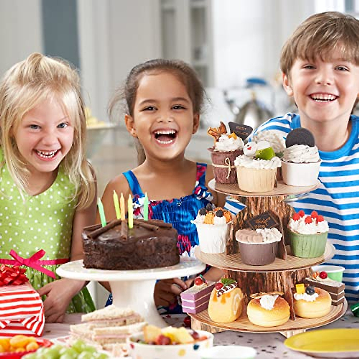 3 Tier Woodland Cardboard Cupcake Stand Wild Round Cupcake Tower Display Wood Grain Cupcake Holder Birthday Party Dessert Tower Decor Supplies