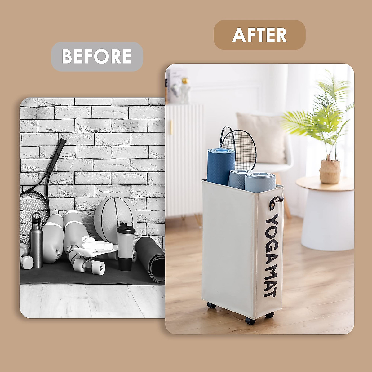 Caroeas Yoga Mat Storage Rack, 22 inches Large Yoga Mat Holder Accessories, Home Gym Equipment Storage Yoga Mats, Women Men Workout Equipment Organization with 4 Wheels, White