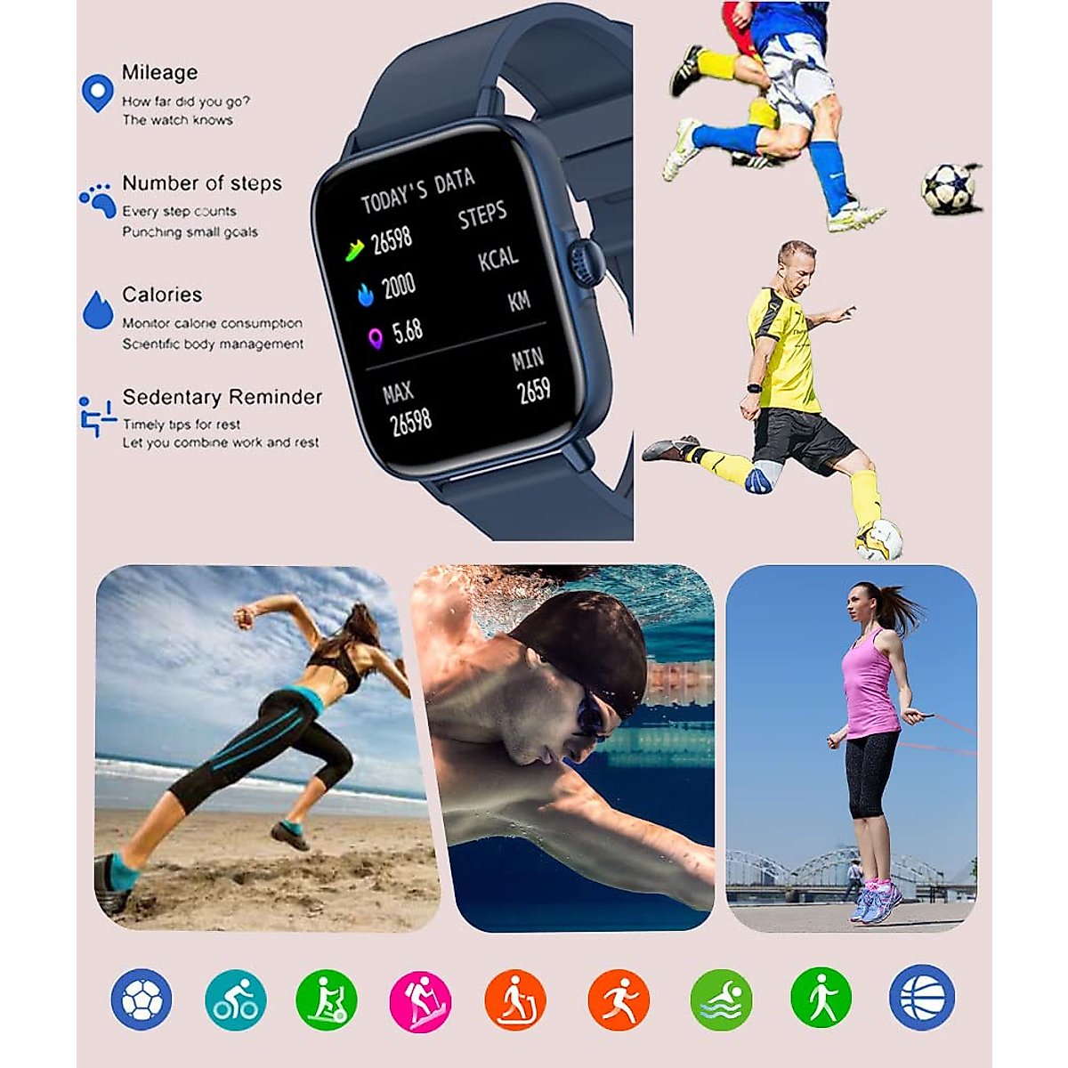 Carlinvi Smart Watch for Men and Women Bluetooth Waterproof SmartWatch with 1.7" Touch Screen Activity Tracker with Step Calorie Counter Heart Rate Monitor for Android & iOS Phones