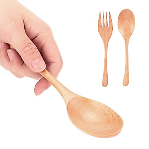Alvinlite 2Pcs (1 Set) Wood Soup Spoons And Forks Sets, Natural Wood Eating Utensils Wooden Flatware Set, Eco Friendly Wood Cutlery Wooden Dinner Fork And Spoon, 1 Spoons and 1 Forks