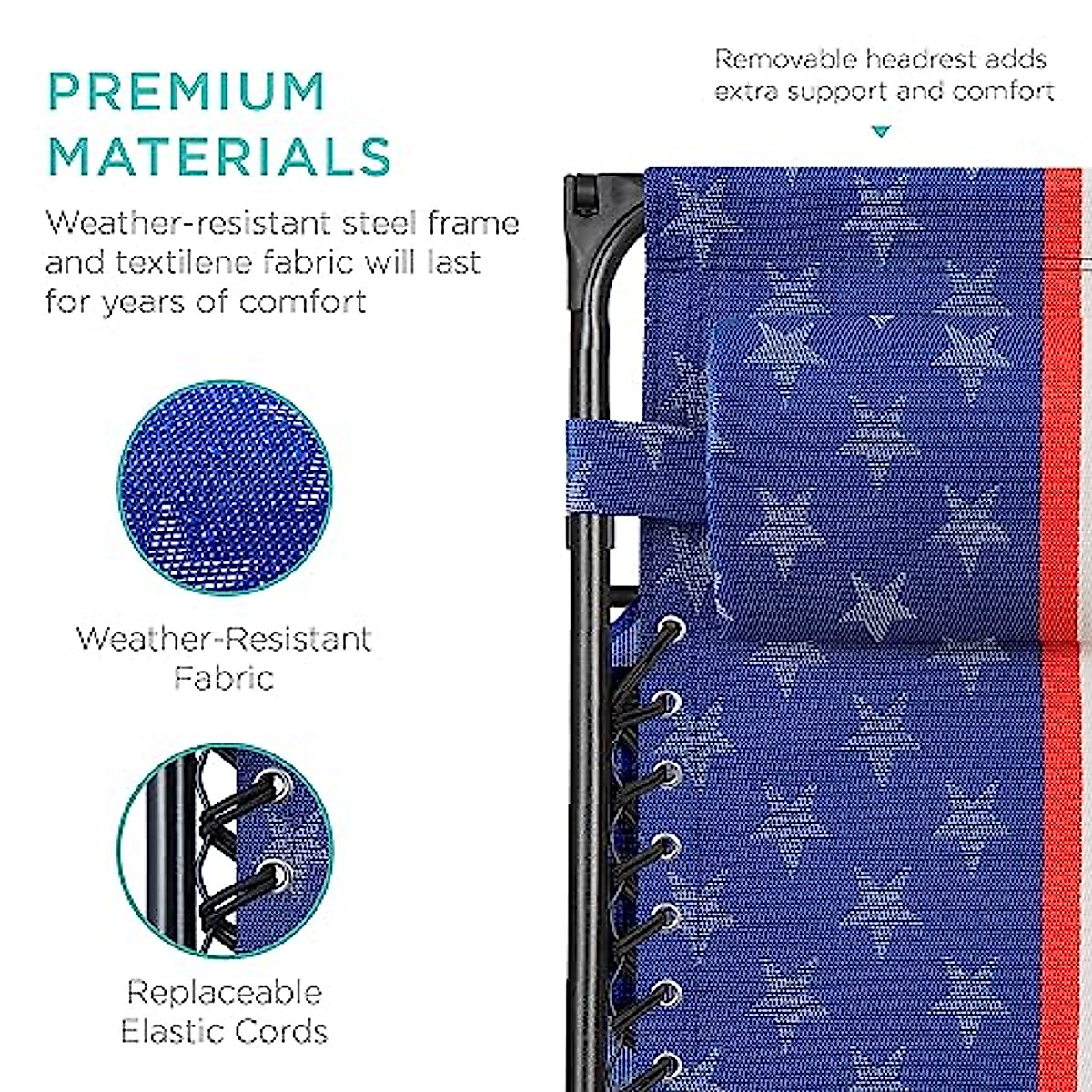 Best Choice Products Folding Zero Gravity Outdoor Recliner Patio Lounge Chair w/Adjustable Canopy Shade, Headrest, Side Accessory Tray, Textilene Mesh - American Flag