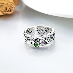 Seiyang Claddagh Ring for Women Sterling Silver Claddagh Birthstone Ring Irish band (Emerald, 8)