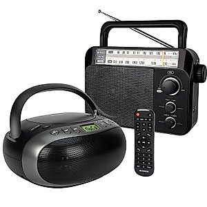 Retekess TR604 AM FM Radio Portable Transistor Analog Radio with 3.5mm Earphone Jack Battery Operated Retekess TR634 Portable Boombox CD Player, Bluetooth Boombox with FM Radio