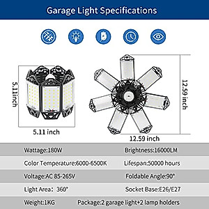 SILIVN 2 Pack LED Garage Lights, 180W Ultra Bright Deformable LED Garage Ceiling Lights with 7 Adjustable Panels, 15000LM E26/E27 LED Shop Lights for Garage, Workshop, Basement, Attic