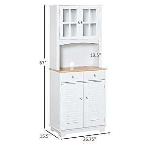 HOMCOM 67" Modern Buffet with Hutch, Louvered Kitchen Pantry Microwave Cabinet with Framed Glass Doors and 2 Drawers, White