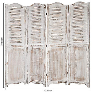 MyGift Room Divider, 4-Panel Antique Whitewashed Wood Louvered Shabby Chic Home Decor Dressing Screen with Dual-Action Hinge
