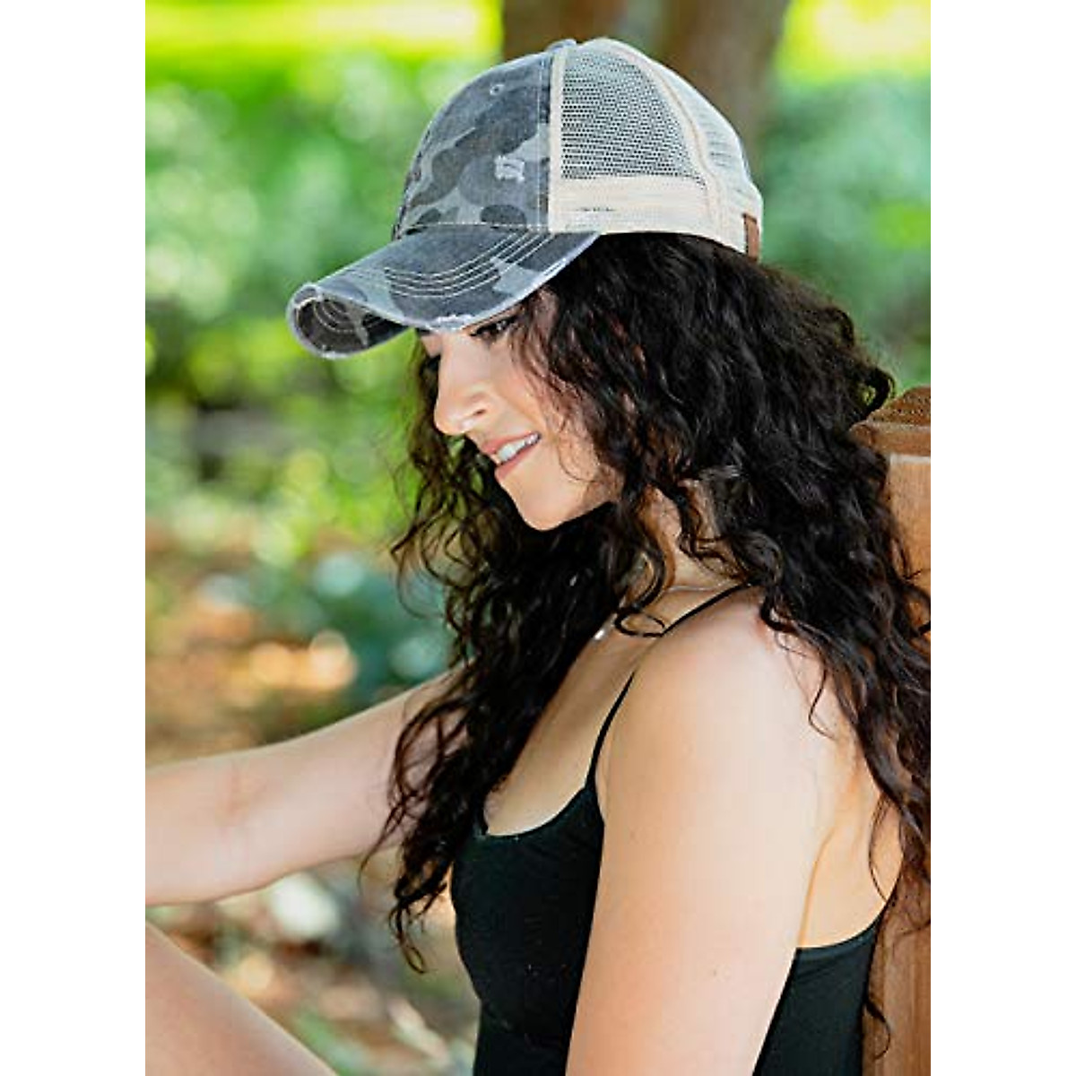 Funky Junque Distressed Trucker Hat - Black Camo/Beige Mesh