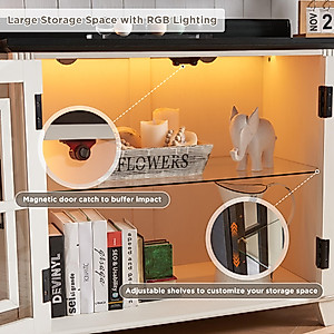 JXQTLINGMU TV Stand for 80 Inch TV, Farmhouse Entertainment Center with RGB LED Light, Media Console with 3 Ultra Large Storage Cabinets and 3-Sides Hollow Out for Living Room, Bedroom, Antique White