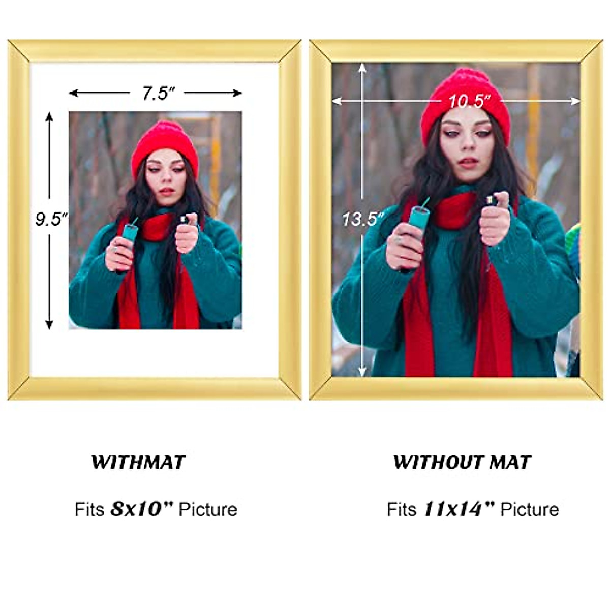 KSROECUD 11 x 14 Picture Frame Set of 2 with High Definition Plexiglass, 11x14 Picture Frame with mat for 8x10 for Wall Mounting, Gold