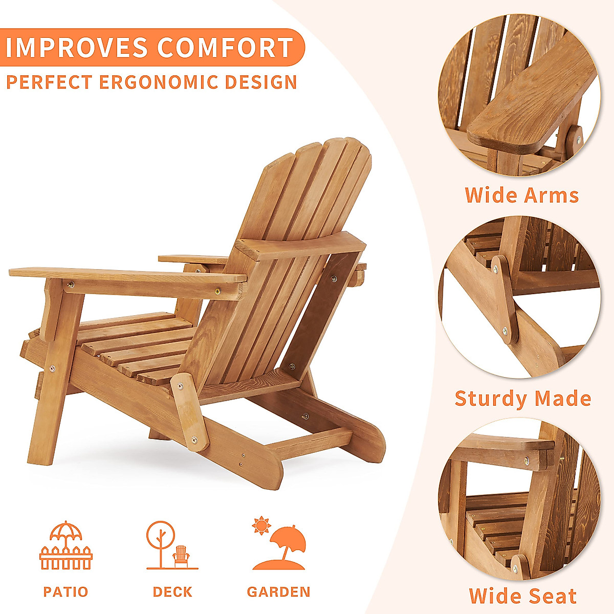 Oversize Wooden Folding Adirondack Chair, Half Pre-Assembled Wood Lounge Chair for Outdoor Patio Garden Lawn Backyard Deck Pool Beach Firepit