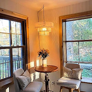 QIYIZM Plug in Pendant Light Boho Hanging Lights with Plug in Cord Rattan Hanging Lamp Dimmable Wicker Bamboo Woven Lamp Shade Hemp Rope Plug in Ceiling Light Fixture for Living Room Bedroom Kitchen