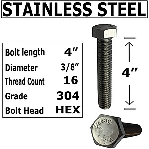 3/8" -16 x 4-304-STAINLESS Steel Bolts, Nuts & WASHERS - 18-8 HEX Head Bolt - 304 Grade. General Purpose (10) Bolts + (10) Nuts + (10) Washers