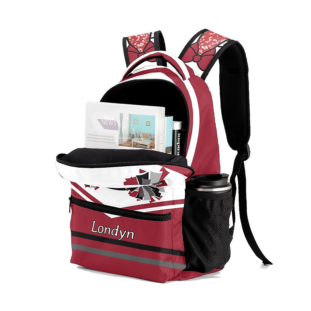 Zaaprint Custom Red Black Cheer Cheerleaders Waterproof Backpack Bookbag with Name for Birthday Holiday Gift