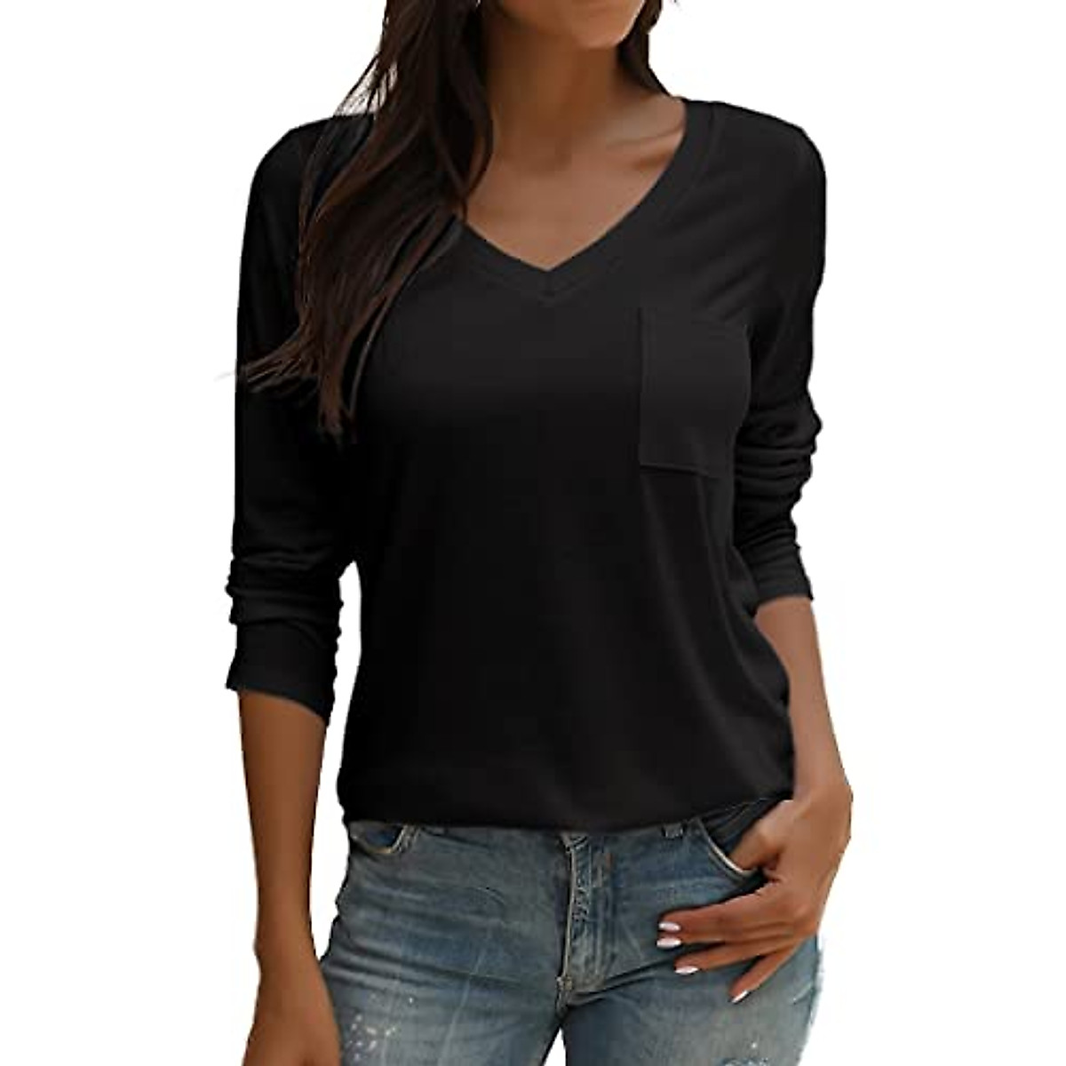 Tobrief Womens Loose Casual Long Sleeve V-neck T Shirt Tunic Tops for Leggings (S, Black-1)