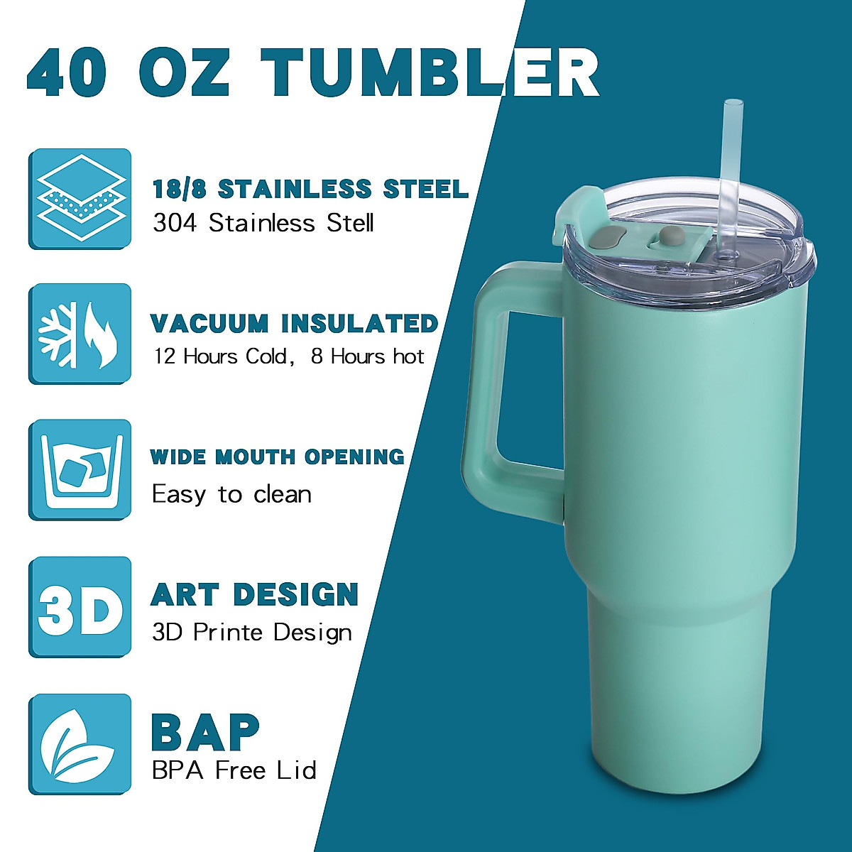 Gome 40 oz Tumbler with Handle - Stainless Steel Cup with Straw - Insulated Coffee Mug with Lid - Daisy Birthday Gifts for Women - Hand Wash Only Eucalyptus Green