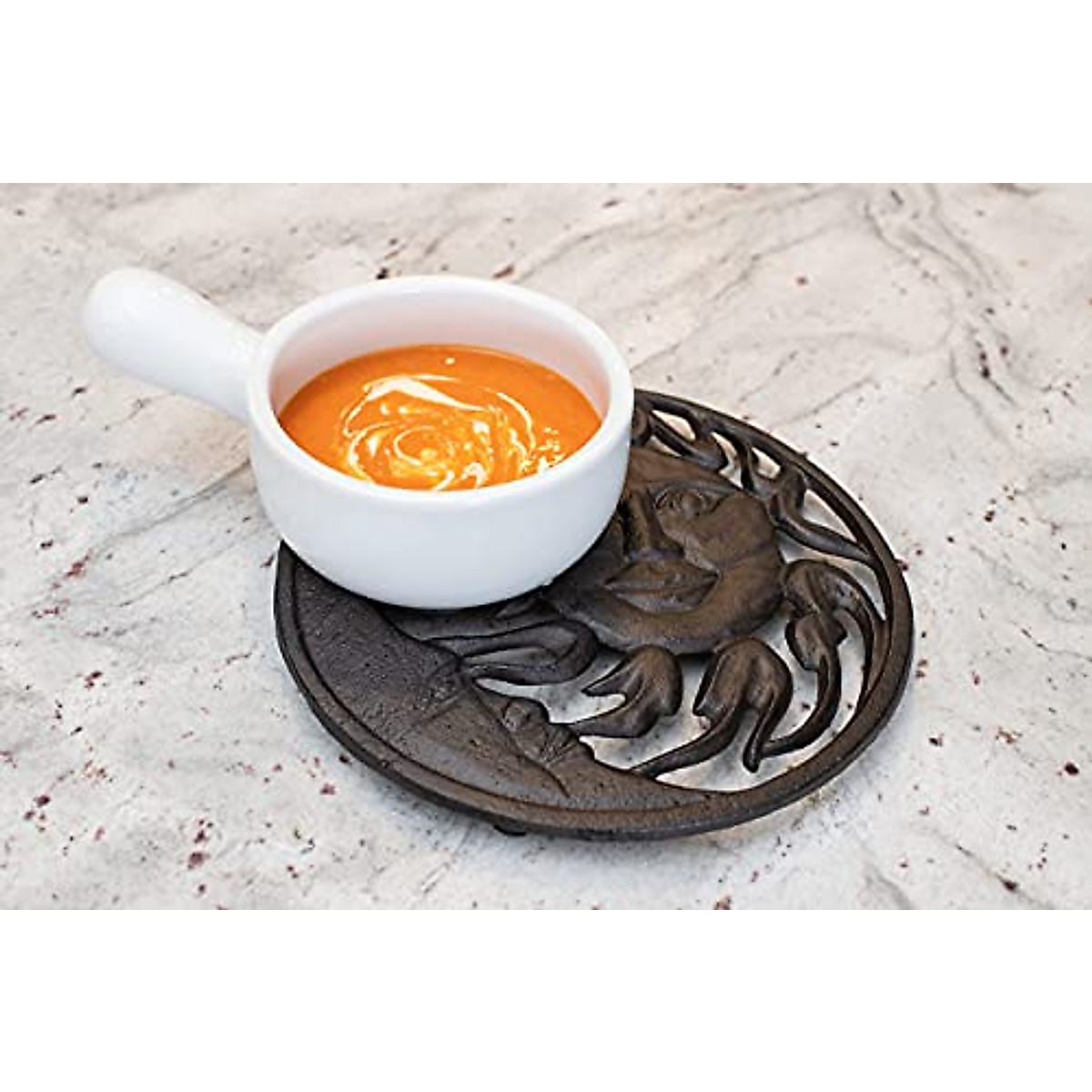 gasaré, Trivet for Hot Dishes, Pots and Pans, Metal Trivet, Sun and Moon Design, Cast Iron, Rubber Feet Caps, Ring Hanger, 8 Inches, Brown Finish, 1 Unit