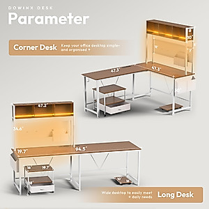 Dowinx L Shaped Desk with Pegboard and Removable Filing Cabinet, Reversible 67” Computer Gaming Desk with Power Outlet and Led, Office Corner Desk with Storage for Home Game, Brown