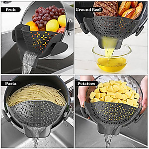 Pasta Strainer and Pot Strainer, Silicone Food Strainer, Adjustable Silicone Clip On Strainer for Pots, Pans, and Bowls, Kitchen Colander (Gray)
