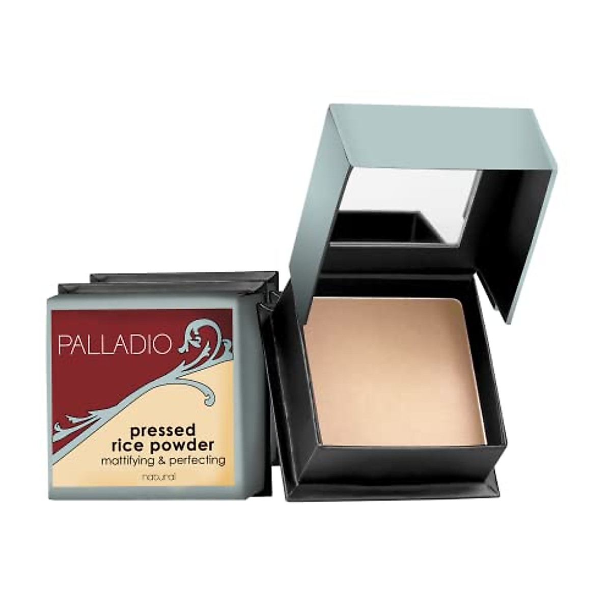 Palladio, Pressed Rice Powder with Mirror Mattifying Makeup Setting that Lasts All Day Instantly Absorbs Oil Works alone or with makeup, Translucent, 0.26 Ounce
