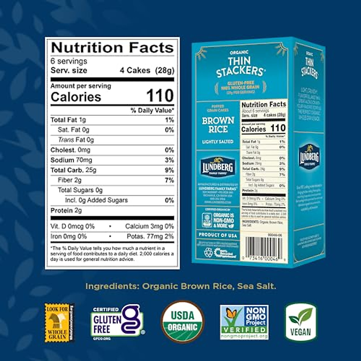 Lundberg Thin Stackers - Rice Cakes, Organic Brown Rice Lightly Salted, Healthy Snacks for Adults and Kids, Low-Calorie Snacks, Organic Snacks, Vegan, 6 Oz (Pack of 3)