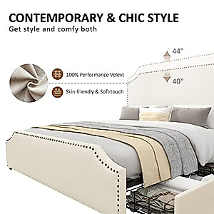 AMERLIFE Queen Size Bed Frame with 4 Storage Drawers and Headboard, Queen Velvet Upholstered Platform Bed with Rivet Curved Adjustable Headboard/Strong Wooden Slats/Easy Assembly/Cream