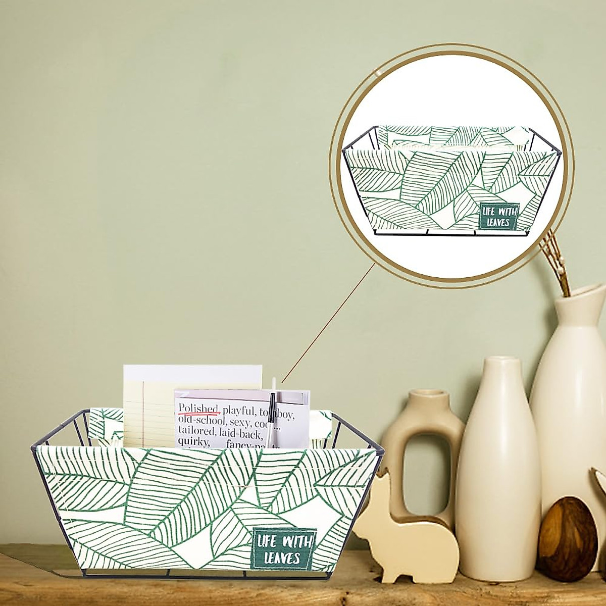 AIPOKE EPOCH Canvas Storage Basket Metal Holder Desk Table Organizer Home Decor, Green Leaf