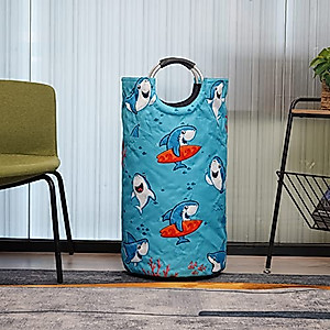 ROOMLINE Laundry Baskets Collapsible Waterproof 82L - Portable Folding Shark Laundry Hamper with Handles - Large Storage Basket for Bedroom Laundry Room Dorm Organization - Blue